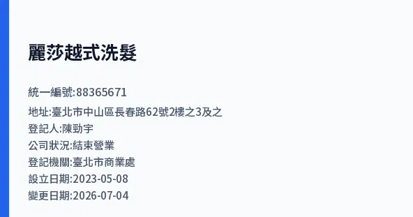 麗莎越式洗髮的照片-統編 88365671(臺北市) 公司登記資料與營業項目詳細圖表