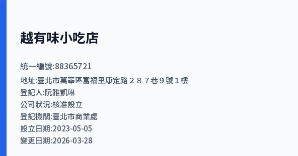越有味小吃店的照片-統編 88365721(臺北市) 公司登記資料與營業項目詳細圖表