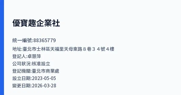 優寶趣企業社的照片-統編 88365779(臺北市) 公司登記資料與營業項目詳細圖表