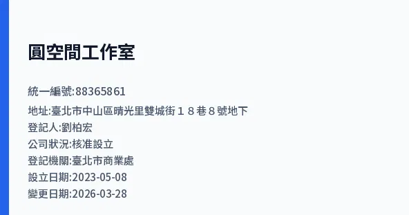 圓空間工作室的照片-統編 88365861(臺北市) 公司登記資料與營業項目詳細圖表