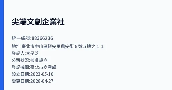 尖端文創企業社的照片-統編 88366236(臺北市) 公司登記資料與營業項目詳細圖表
