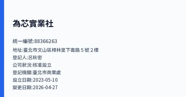 為芯實業社的照片-統編 88366263(臺北市) 公司登記資料與營業項目詳細圖表