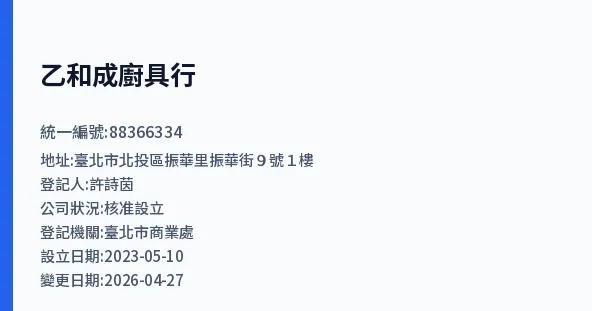 乙和成廚具行的照片-統編 88366334(臺北市) 公司登記資料與營業項目詳細圖表