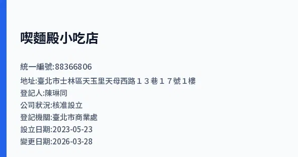 喫麵殿小吃店的照片-統編 88366806(臺北市) 公司登記資料與營業項目詳細圖表