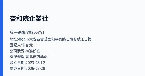 杏和院企業社的照片-統編 88366881(臺北市) 公司登記資料與營業項目詳細圖表