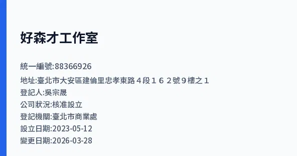好森才工作室的照片-統編 88366926(臺北市) 公司登記資料與營業項目詳細圖表