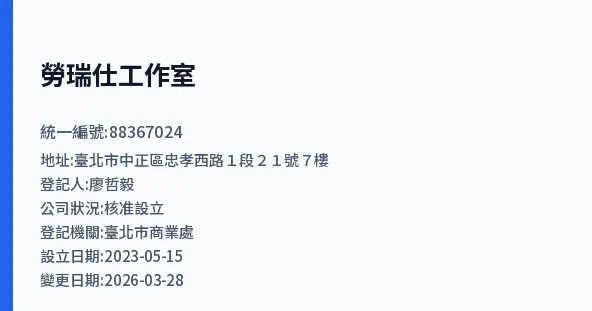 勞瑞仕工作室的照片-統編 88367024(臺北市) 公司登記資料與營業項目詳細圖表