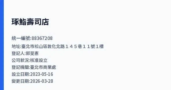 琢鮨壽司店的照片-統編 88367208(臺北市) 公司登記資料與營業項目詳細圖表