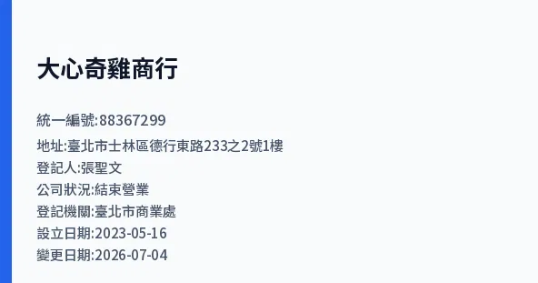 大心奇雞商行的照片-統編 88367299(臺北市) 公司登記資料與營業項目詳細圖表