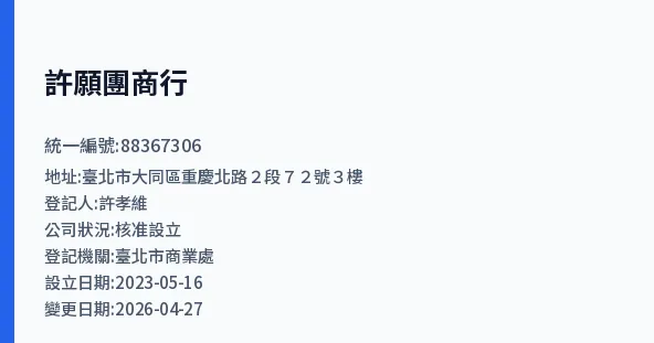 許願團商行的照片-統編 88367306(臺北市) 公司登記資料與營業項目詳細圖表