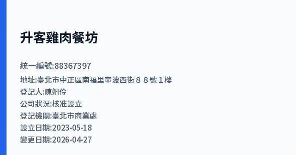 升客雞肉餐坊的照片-統編 88367397(臺北市) 公司登記資料與營業項目詳細圖表