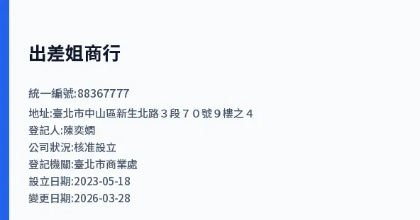 出差姐商行的照片-統編 88367777(臺北市) 公司登記資料與營業項目詳細圖表