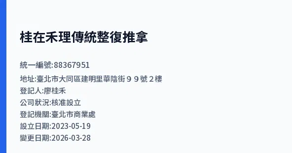桂在禾理傳統整復推拿的照片-統編 88367951(臺北市) 公司登記資料與營業項目詳細圖表