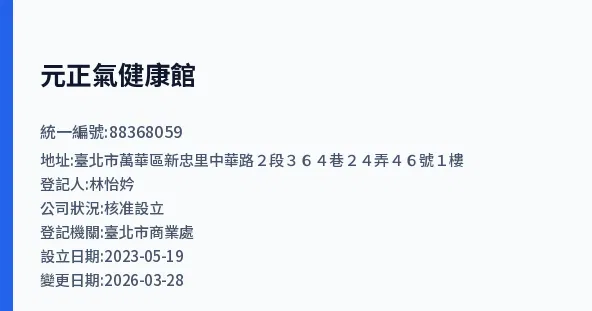 元正氣健康館的照片-統編 88368059(臺北市) 公司登記資料與營業項目詳細圖表