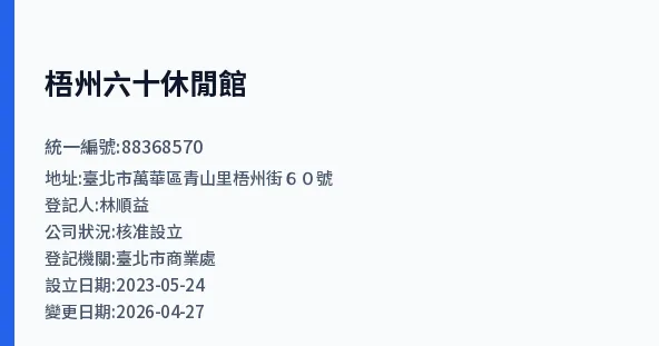 梧州六十休閒館的照片-統編 88368570(臺北市) 公司登記資料與營業項目詳細圖表