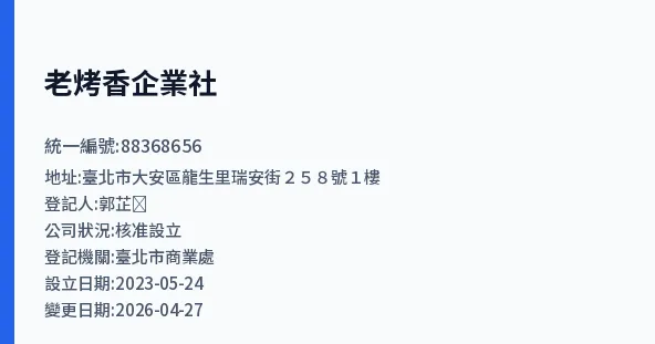 老烤香企業社的照片-統編 88368656(臺北市) 公司登記資料與營業項目詳細圖表