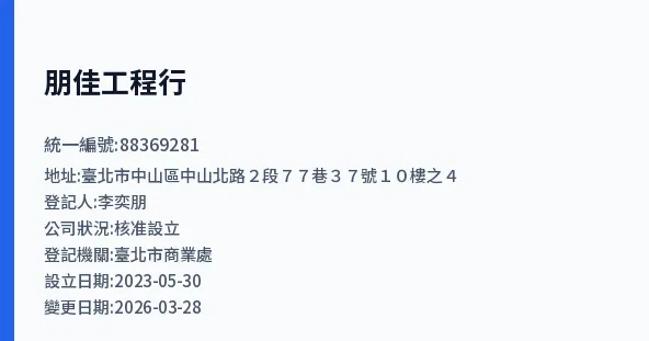 朋佳工程行的照片-統編 88369281(臺北市) 公司登記資料與營業項目詳細圖表