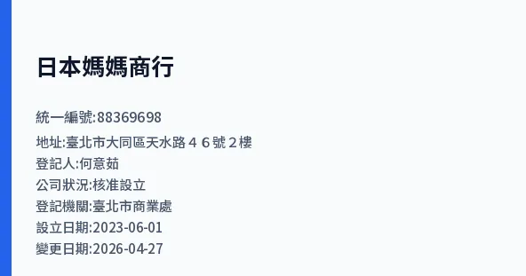 日本媽媽商行的照片-統編 88369698(臺北市) 公司登記資料與營業項目詳細圖表
