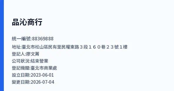 品沁商行的照片-統編 88369888(臺北市) 公司登記資料與營業項目詳細圖表