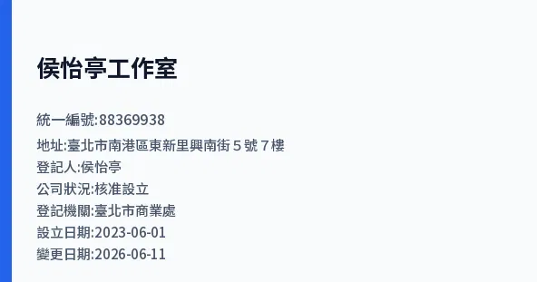 侯怡亭工作室的照片-統編 88369938(臺北市) 公司登記資料與營業項目詳細圖表