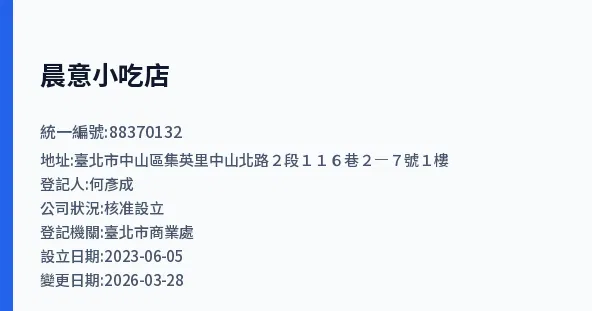 晨意小吃店的照片-統編 88370132(臺北市) 公司登記資料與營業項目詳細圖表