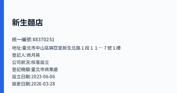 新生麵店的照片-統編 88370251(臺北市) 公司登記資料與營業項目詳細圖表
