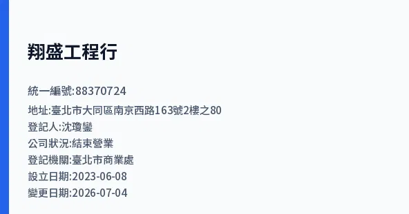 翔盛工程行的照片-統編 88370724(臺北市) 公司登記資料與營業項目詳細圖表