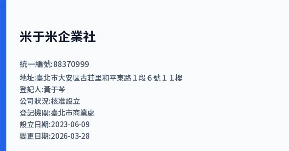 米于米企業社的照片-統編 88370999(臺北市) 公司登記資料與營業項目詳細圖表