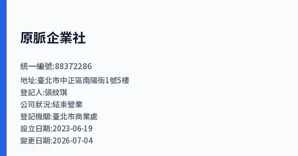 原脈企業社的照片-統編 88372286(臺北市) 公司登記資料與營業項目詳細圖表
