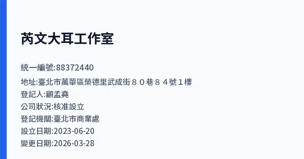 芮文大耳工作室的照片-統編 88372440(臺北市) 公司登記資料與營業項目詳細圖表