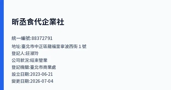 昕丞食代企業社的照片-統編 88372791(臺北市) 公司登記資料與營業項目詳細圖表