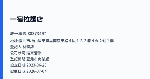 一宿拉麵店的照片-統編 88373497(臺北市) 公司登記資料與營業項目詳細圖表