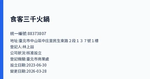 食客三千火鍋的照片-統編 88373807(臺北市) 公司登記資料與營業項目詳細圖表