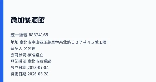 微加餐酒館的照片-統編 88374165(臺北市) 公司登記資料與營業項目詳細圖表