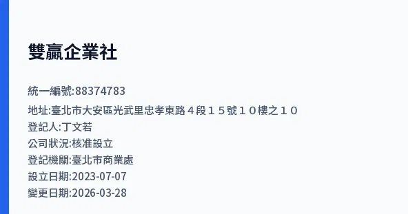 雙贏企業社的照片-統編 88374783(臺北市) 公司登記資料與營業項目詳細圖表