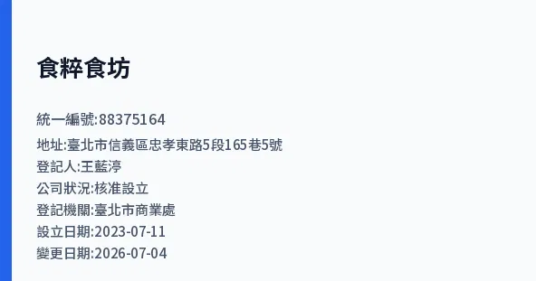 食粹食坊的照片-統編 88375164(臺北市) 公司登記資料與營業項目詳細圖表