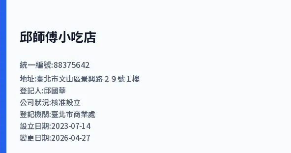 邱師傅小吃店的照片-統編 88375642(臺北市) 公司登記資料與營業項目詳細圖表