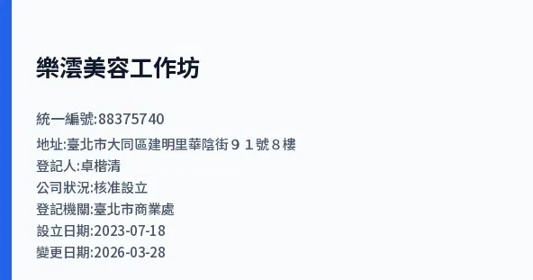樂澐美容工作坊的照片-統編 88375740(臺北市) 公司登記資料與營業項目詳細圖表