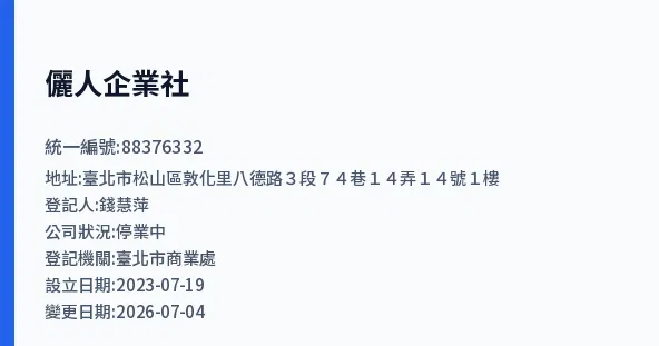 儷人企業社的照片-統編 88376332(臺北市) 公司登記資料與營業項目詳細圖表