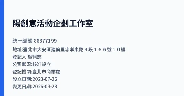陽創意活動企劃工作室的照片-統編 88377199(臺北市) 公司登記資料與營業項目詳細圖表