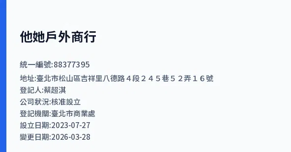 他她戶外商行的照片-統編 88377395(臺北市) 公司登記資料與營業項目詳細圖表