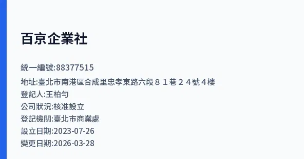 百京企業社的照片-統編 88377515(臺北市) 公司登記資料與營業項目詳細圖表