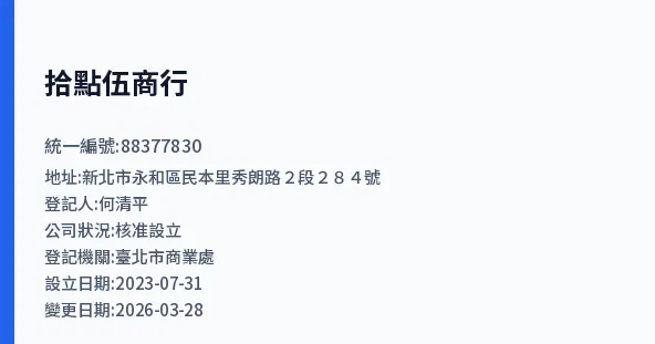 拾點伍商行的照片-統編 88377830(新北市) 公司登記資料與營業項目詳細圖表