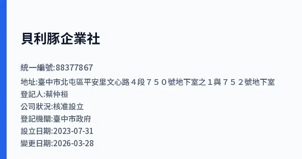 貝利豚企業社的照片-統編 88377867(臺中市) 公司登記資料與營業項目詳細圖表