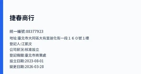捷春商行的照片-統編 88377923(臺北市) 公司登記資料與營業項目詳細圖表