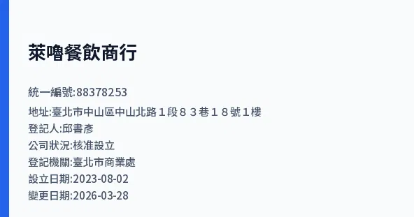 萊嚕餐飲商行的照片-統編 88378253(臺北市) 公司登記資料與營業項目詳細圖表