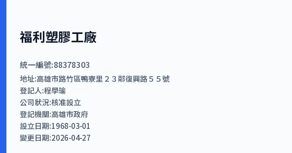 福利塑膠工廠的照片-統編 88378303(高雄市) 公司登記資料與營業項目詳細圖表