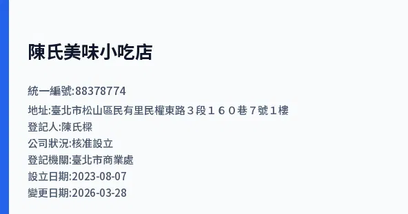 陳氏美味小吃店的照片-統編 88378774(臺北市) 公司登記資料與營業項目詳細圖表