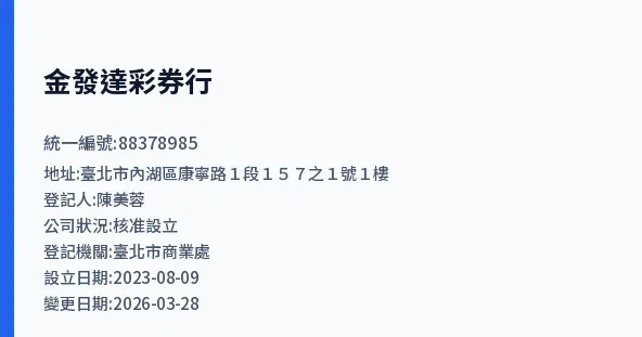 金發達彩券行的照片-統編 88378985(臺北市) 公司登記資料與營業項目詳細圖表