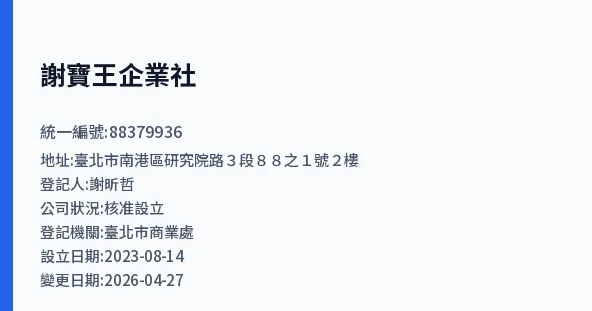 謝寶王企業社的照片-統編 88379936(臺北市) 公司登記資料與營業項目詳細圖表